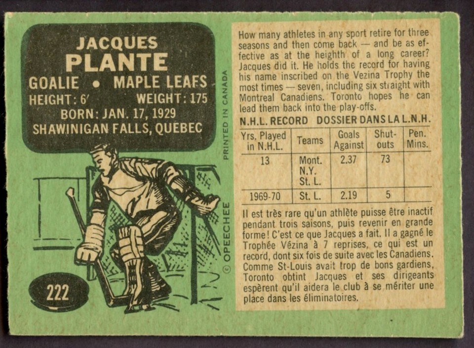 1970-71 OPC O Pee Chee # 222 Jacques Plante TORONTO MAPLE LEAFS CREASE FREE !! | eBay
