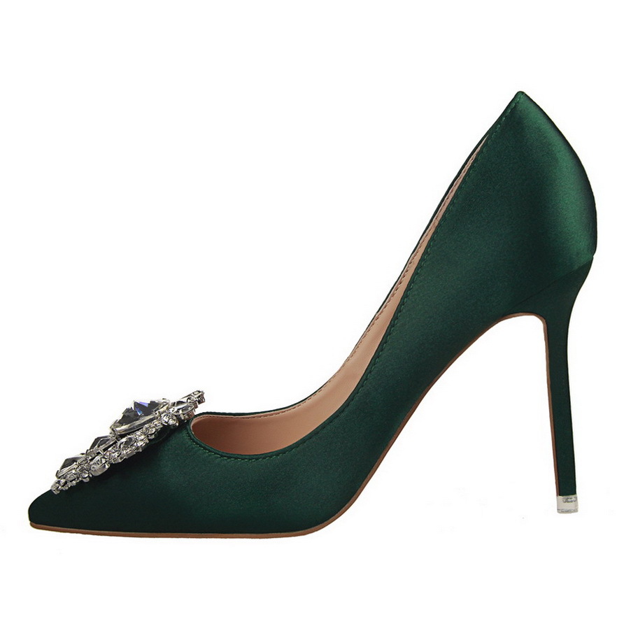 Plus Sz Women Green Satin Point Toe Rhinestones Heels Bridal Pumps ...
