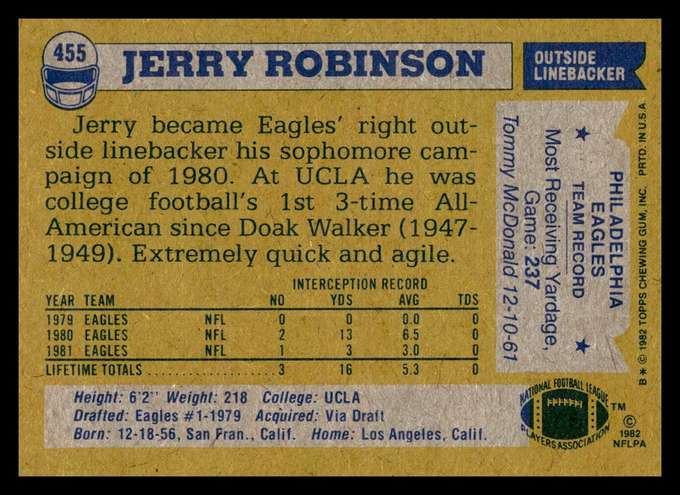 1982 Topps #455 Jerry Robinson Philadelphia Eagles Football Card EX/NM ...