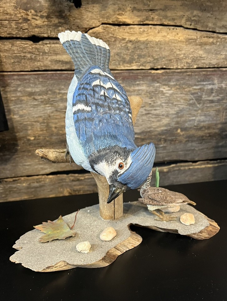 Vintage 1988 Nestral BLUEJAY & HOUSE wren hand carved artist George ...