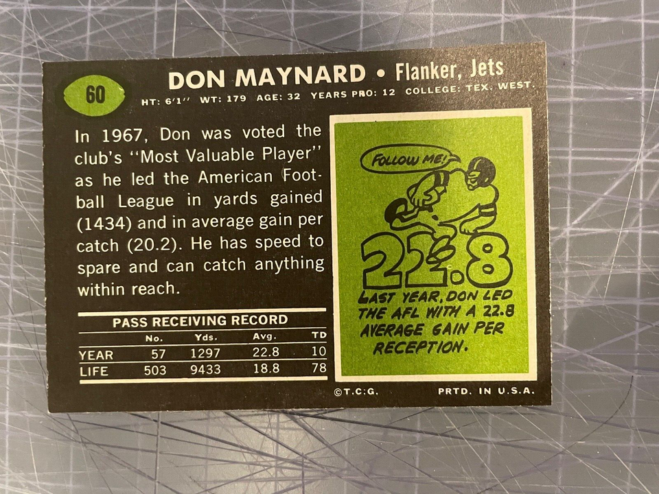 1969 TOPPS #60 DON MAYNARD NEW YORK JETS FOOTBALL CARD NM/MT | eBay