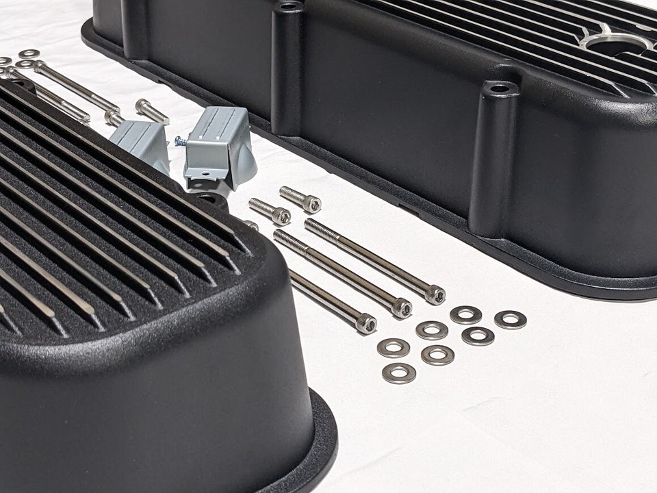 65-95 Chevy BBC 396 427 454 502 Finned Black Valve Covers + Breather ...