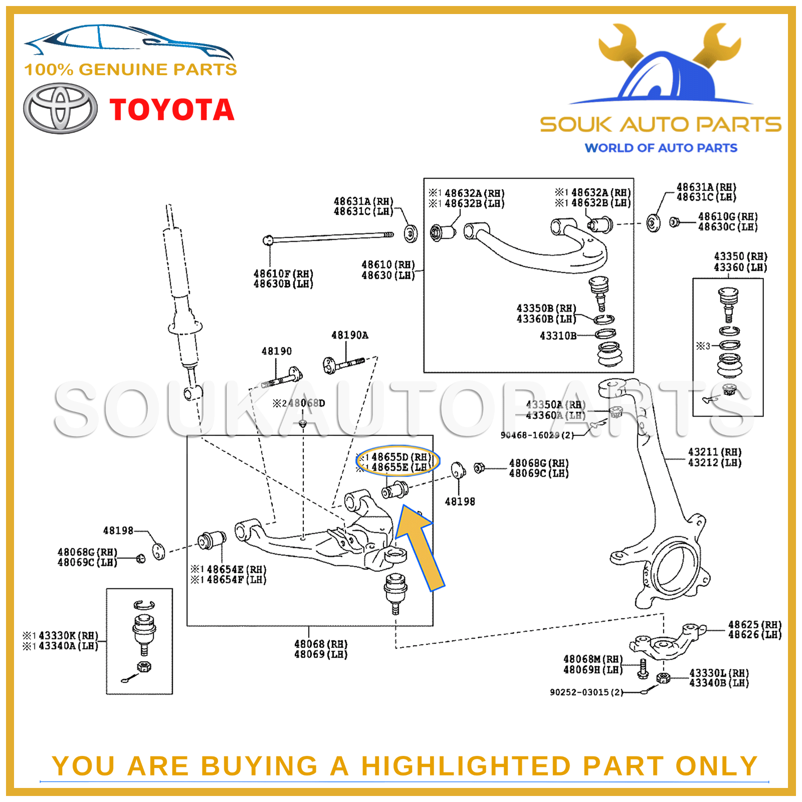 48655-0K040 Genuine Toyota BUSH, FRONT LOWER ARM, NO.2, RH/LH ...