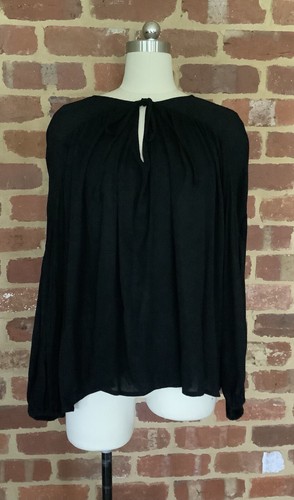 HQ Ladies M 16 Black Tunic Top Blouse Boho Rayon Tassel Gathered Gypsy ...