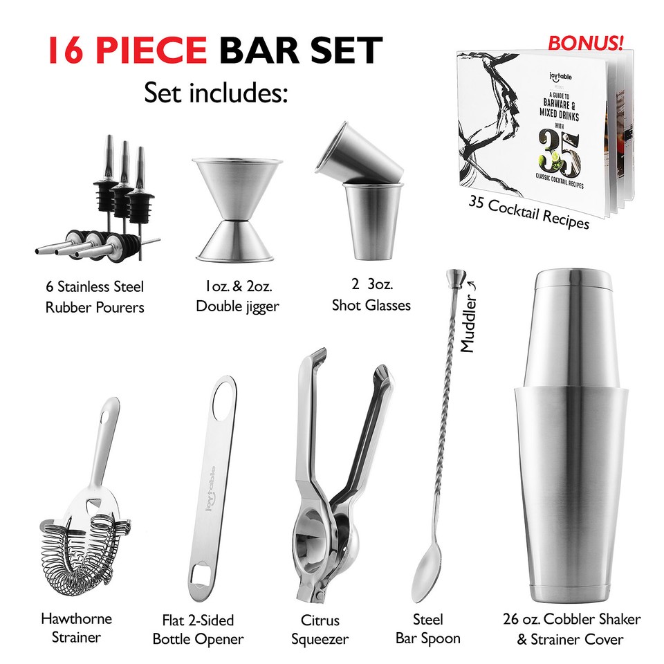 16 PC Bartender Kit Complete Cocktail Shaker Bar Tools Set with Lemon ...