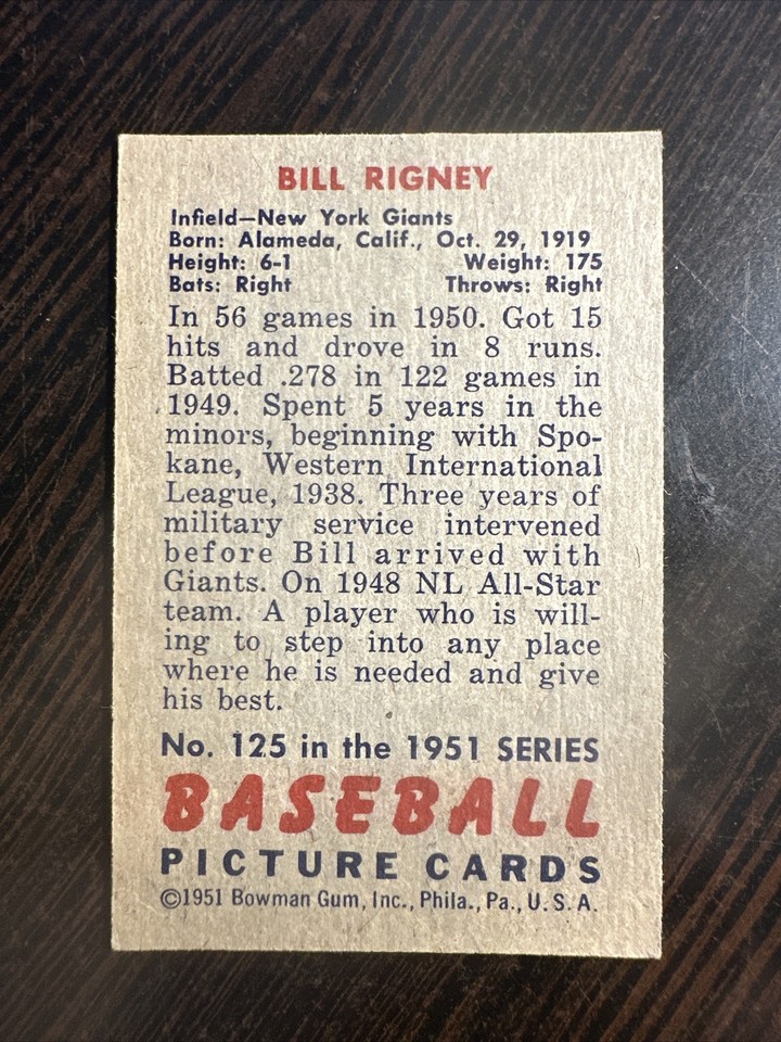 1951 BOWMAN BILL RIGNEY #125 EX NEW YORK GIANTS *Hot Corner Vintage* | eBay