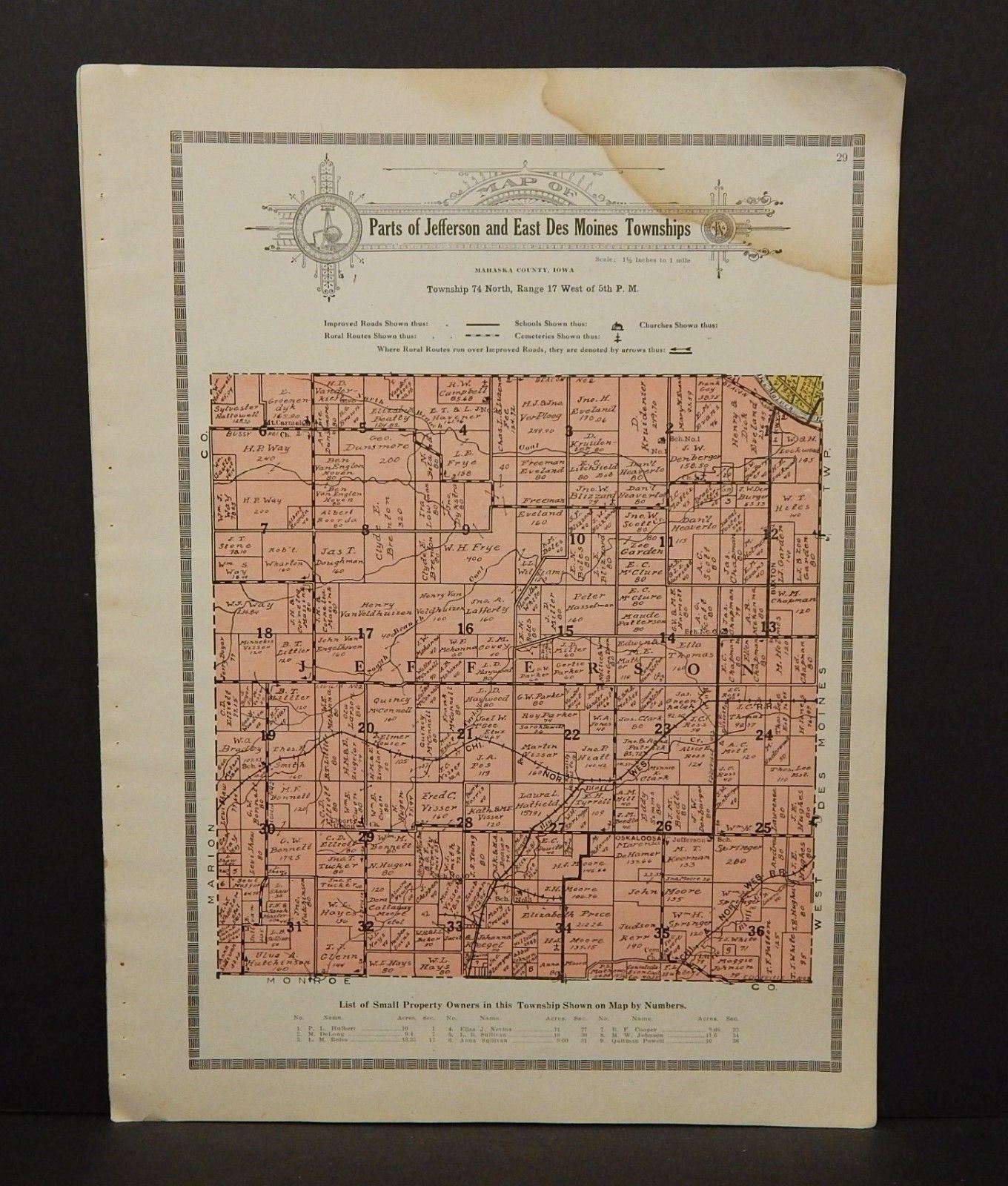 Iowa Mahaska County Map Jefferson & East Des Moines Township 1920 W10 ...