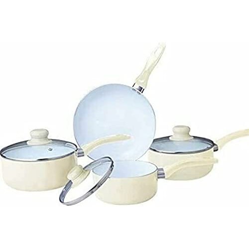 NEW 7PC CREAM COOKWARE SET SAUCEPAN KITCHEN NON STICK GLASS LID CERAMIC ...