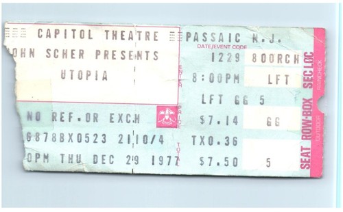 Utopia Concert Ticket Stub December 29 1977 Capitol Theatre Passaic NJ ...