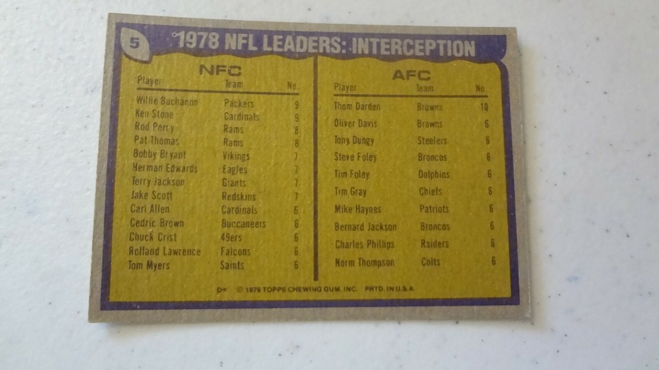 1979 TOPPS # 5 1978 NFL LEADERS INTERCEPTIONS FOOTBALL CARD | eBay