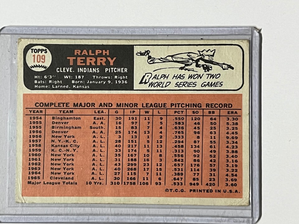 RALPH TERRY 1966 Topps #109 FREE SHIPPING | eBay