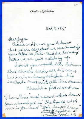 Charlie Applewhite Singer Hand Signed Autograph Hand Written Letter ...
