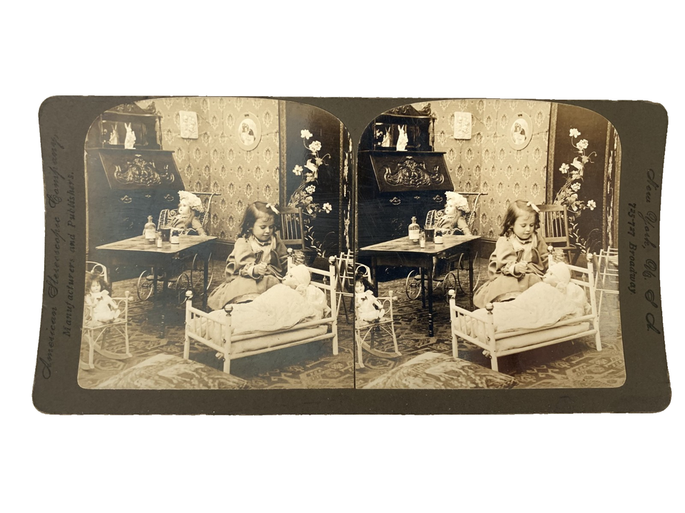 C.1890 CUTE GIRL TAKING CARE OF SICK DOLL IN BED, MEDICINE PHOTO ...