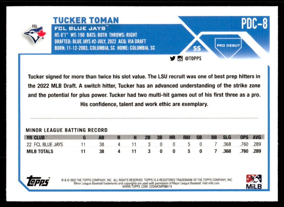 2023 Topps Pro Debut Chrome PDC8 Tucker Toman Blue Jays Baseball Card ...