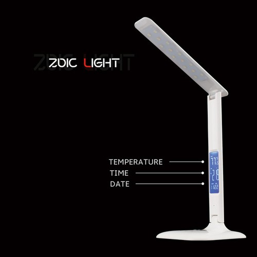 White LED Desk Lamp Dimmable Foldable Desk Light Temp Time Alarm Clock ...