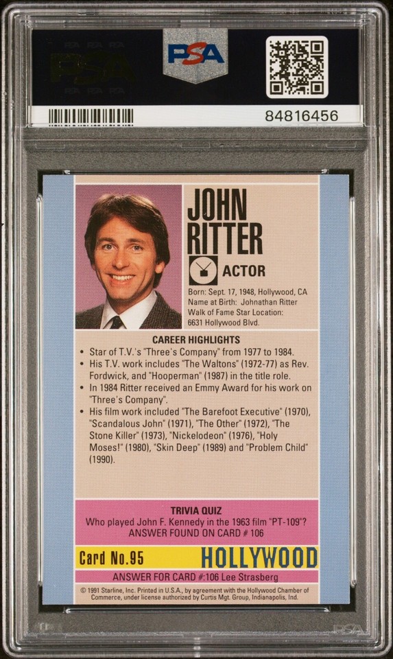1991 JOHN RITTER SIGNED HOLLYWOOD WALK OF FAME CARD PSA/DNA AUTO 9 ...