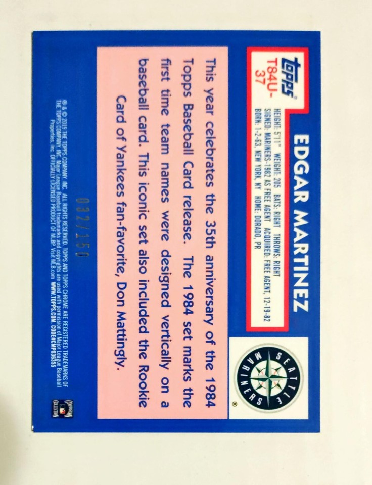 Edgar Martinez 2019 Topps Chrome #37 Silver Pack BLUE REFRACTOR 032/150 ...