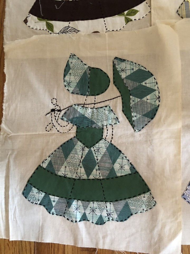 Sunbonnet Sue Southern Belle 7 Vintage Flour Sack Quilt Blocks 20x17 ...