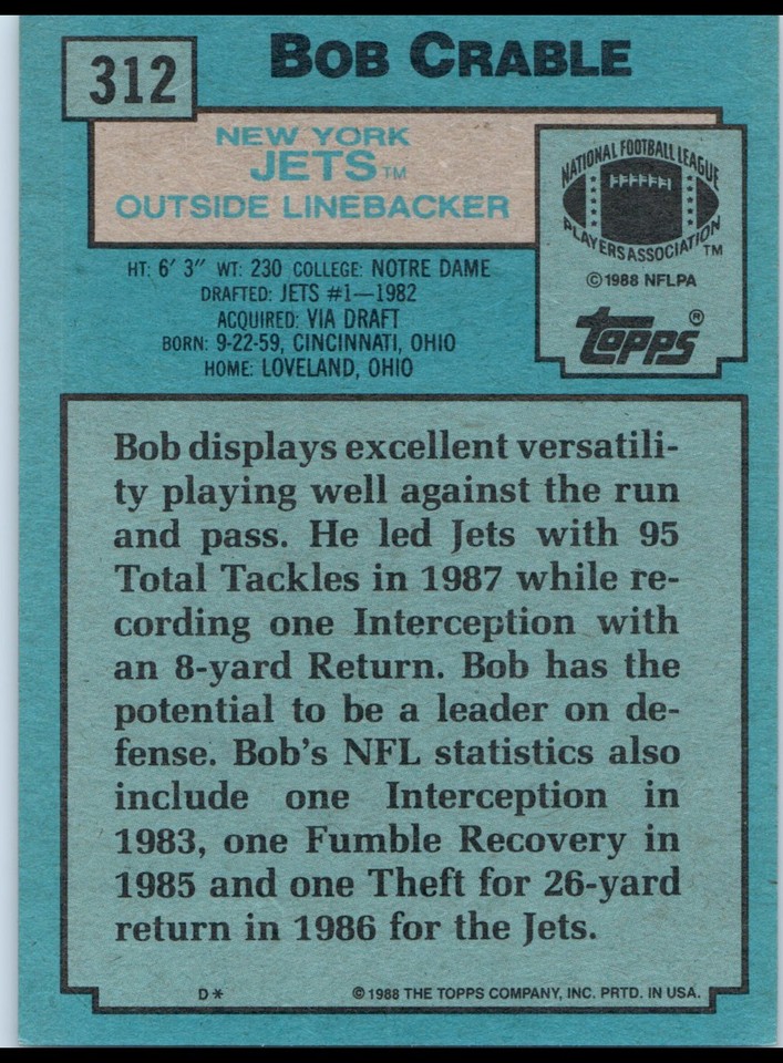 1988 Topps #312 Bob Crable Excellent | eBay