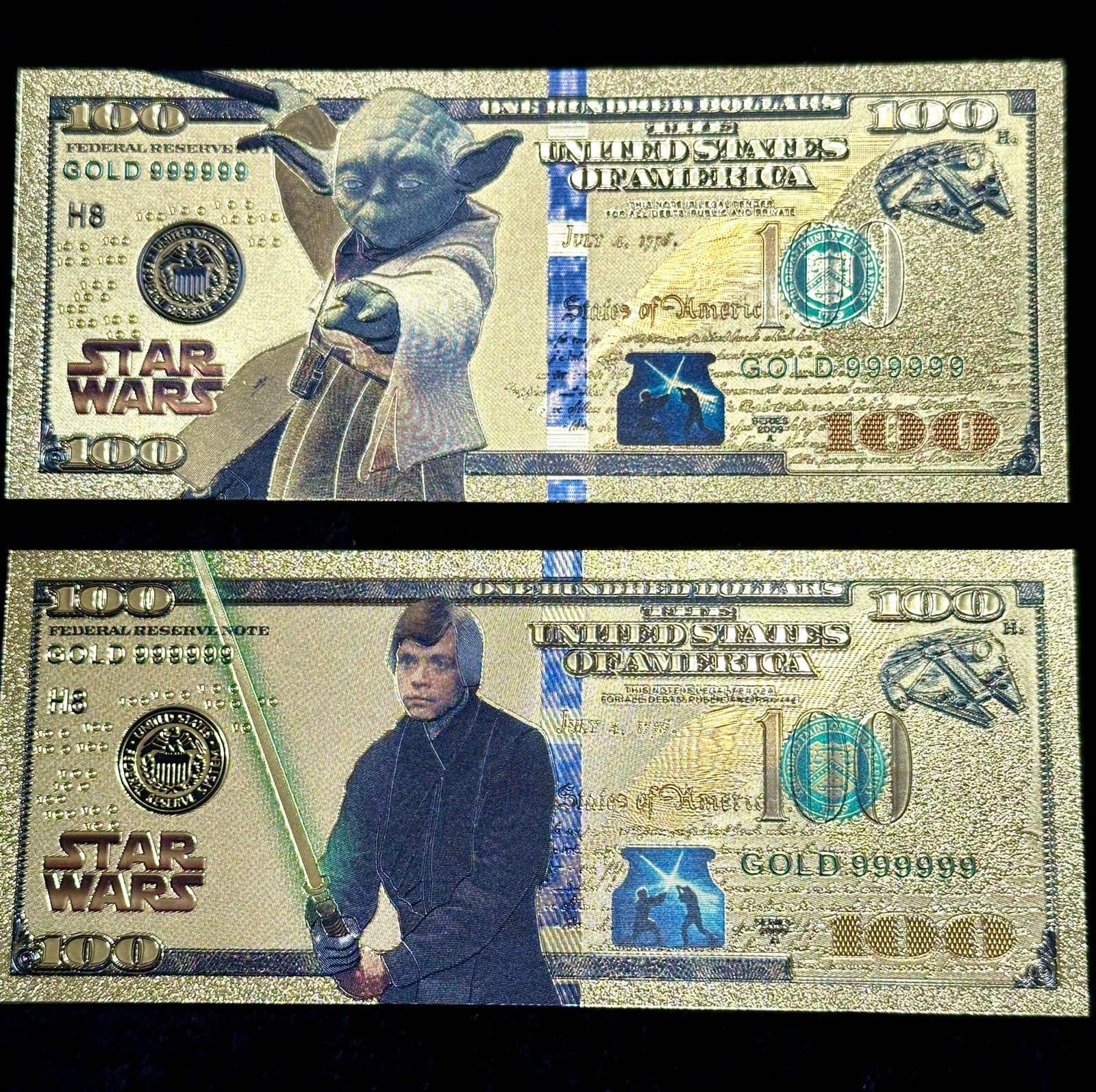Star Wars, lot of 2 - 100 bill collectables, 24k Foil, Luke and Yoda ...