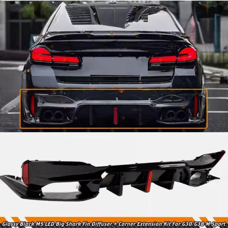 For BMW 17-23 G30 G38 M5 Style Gloss Black Big Fin LED Rear Bumper ...