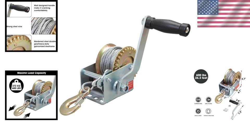 Powerful 600lbs Manual Hand Crank Winch with 26.3FT Steel Cable for ...