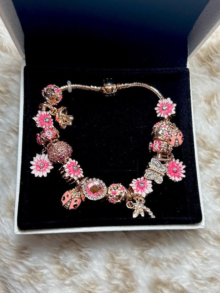 PANDORA Pink Flower Charm Bracelet With Butterfly And Pink Crystal ...