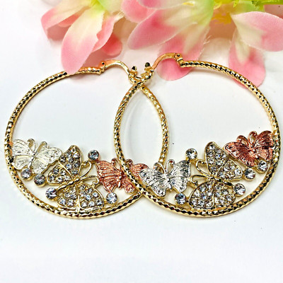 14k Gold Plated Dangle Drop Butterflies Hoop Round Shape Earrings 2in ...