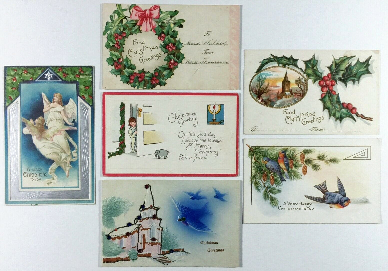 Lot 6 Antique Christmas Postcards Angels Holly Wreath Birds | eBay