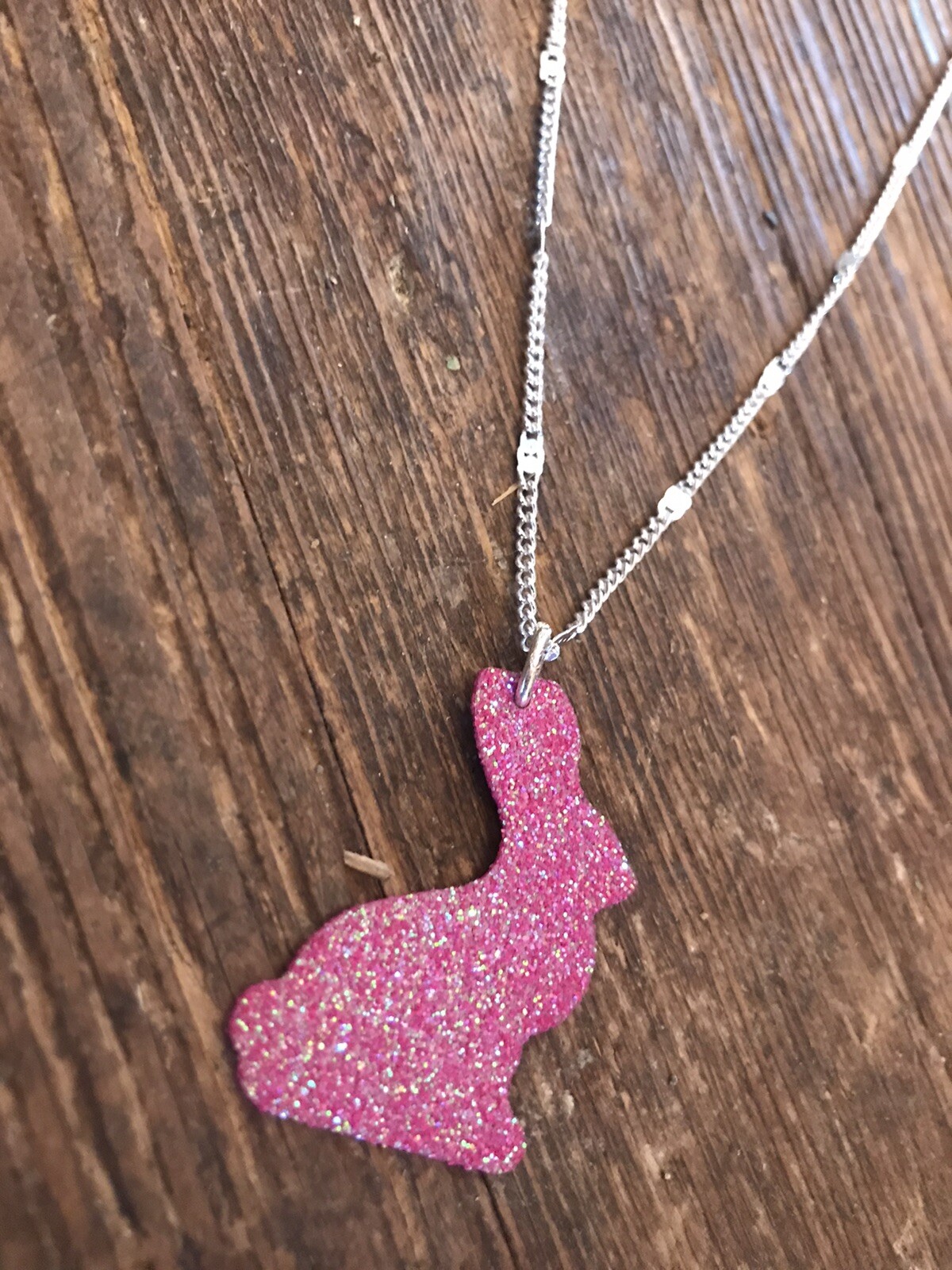 18”necklace pink glitter Bunny Rabbit Easter silver s… - Gem