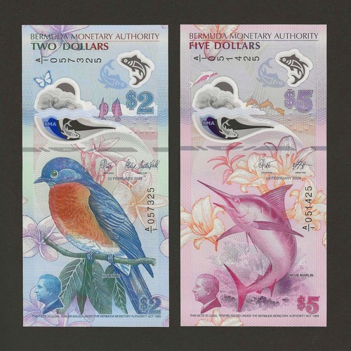 BERMUDA $2 & $5 Dollars 2024, P-63a; 64a New Polymer Banknotes, A/1 ...
