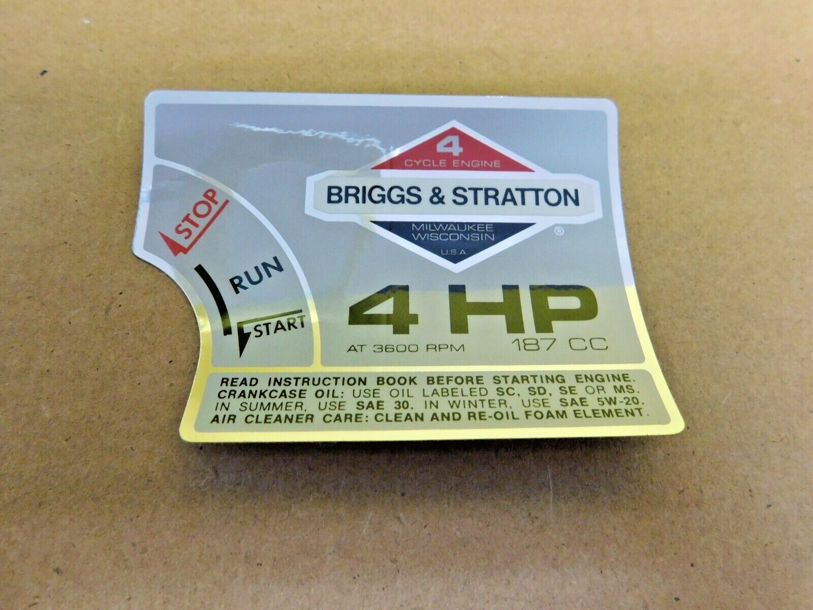 VINTAGE BRIGGS & STRATTON STICKER DECAL 4 HP 3600 RPM 187CC 4 CYCLE ...