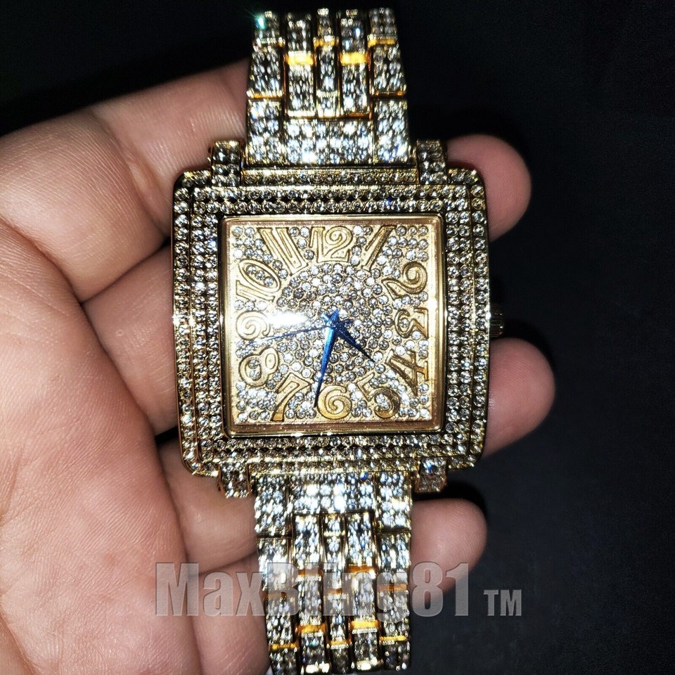 HIP HOP GOLD TONE LUXURY SIMULATED DIAMOND SQUARE WATCH & ICED CUBAN ...