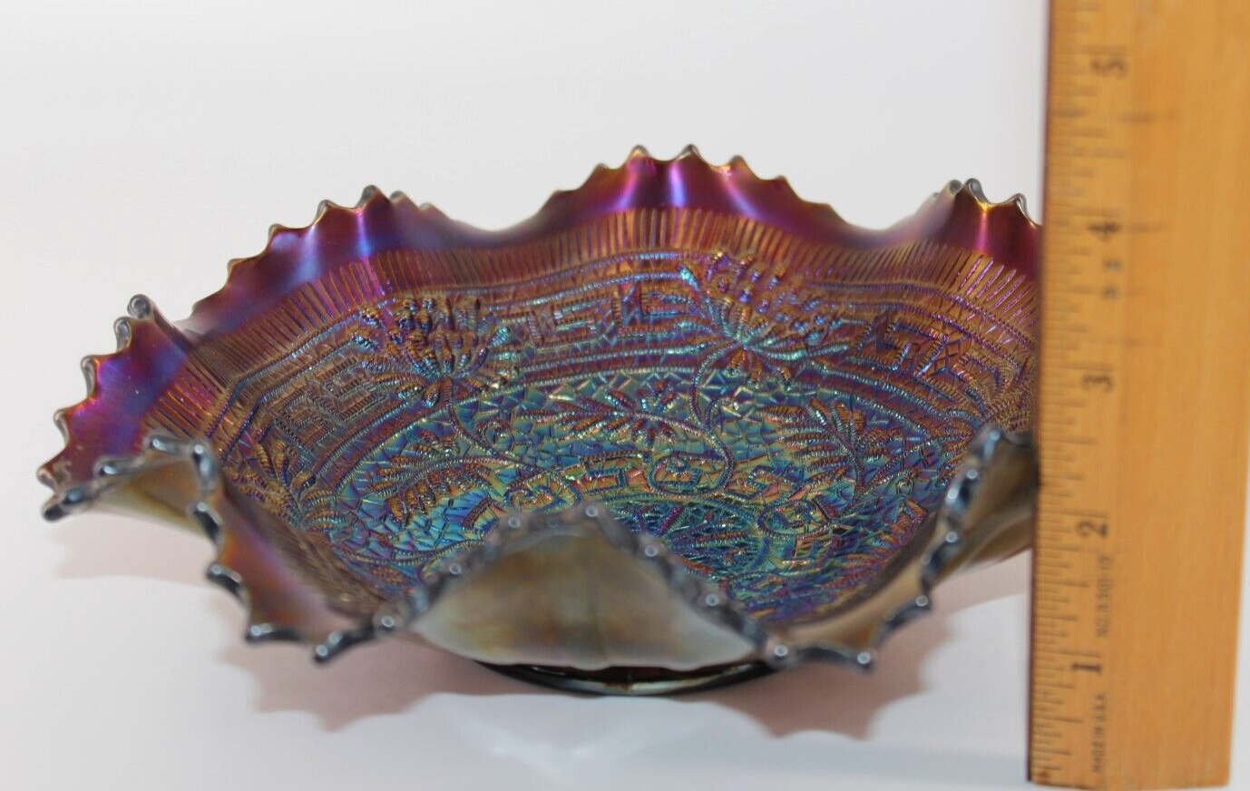 Antique Northwood Purple Embroidered Mums Carnival Glass Ruffle Bowl 8. ...