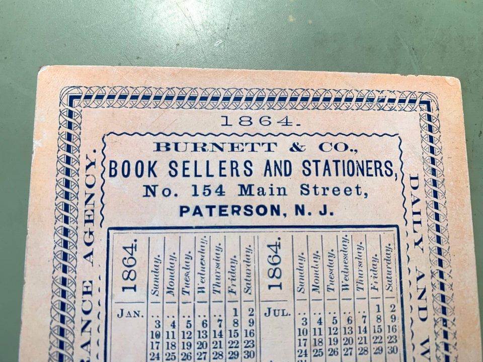 1864 Advertising Calendar - Burnett & Co - Paterson NJ - Life & Fire ...