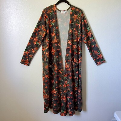 Lularoe Womens M Duster Coat Green Orange Floral Pockets Open Front ...