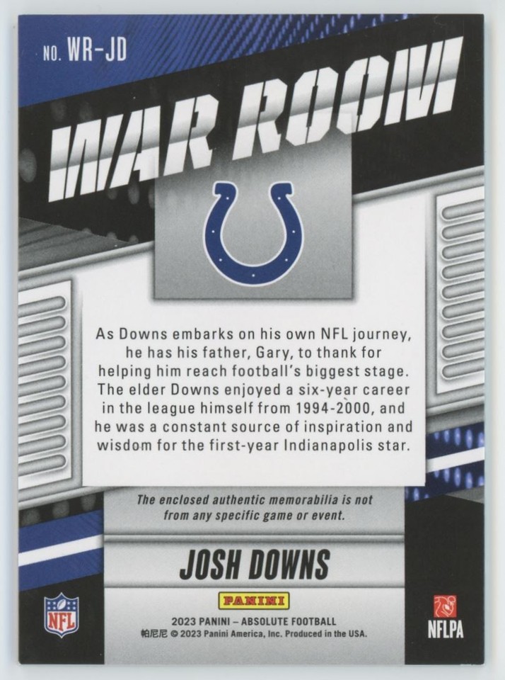 Josh Downs 2023 Panini Absolute War Room RC /99 Jersey #WR-JD ...