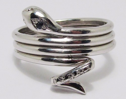 100% Genuine 9k Solid White Gold Snake Coil Ring with Sapphire Sz 7 US ...