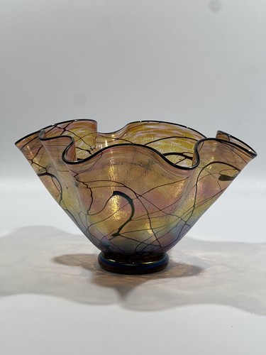 David Lindsay Hand Blown Iridescent Art Glass Fluted Vase Signed 2016 4 ...