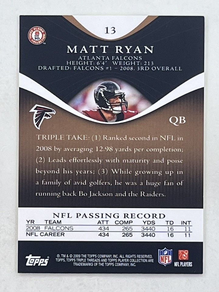 Matt Ryan 2009 Topps Triple Threads Sepia /249 #13 NFL Falcons QB ...
