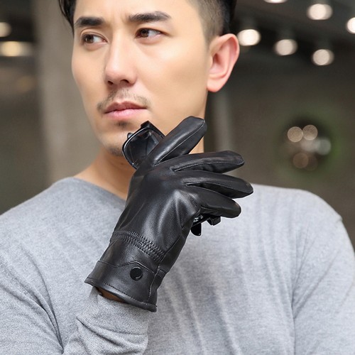 1 Pair Men Gloves Genuine Leather Windproof Pure Color Winter Gloves ...