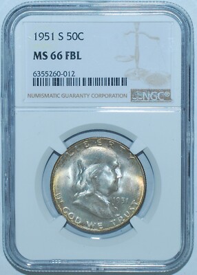 1951 S NGC MS66FBL Full Bell Lines Franklin Half Dollar Mint Set Toned ...