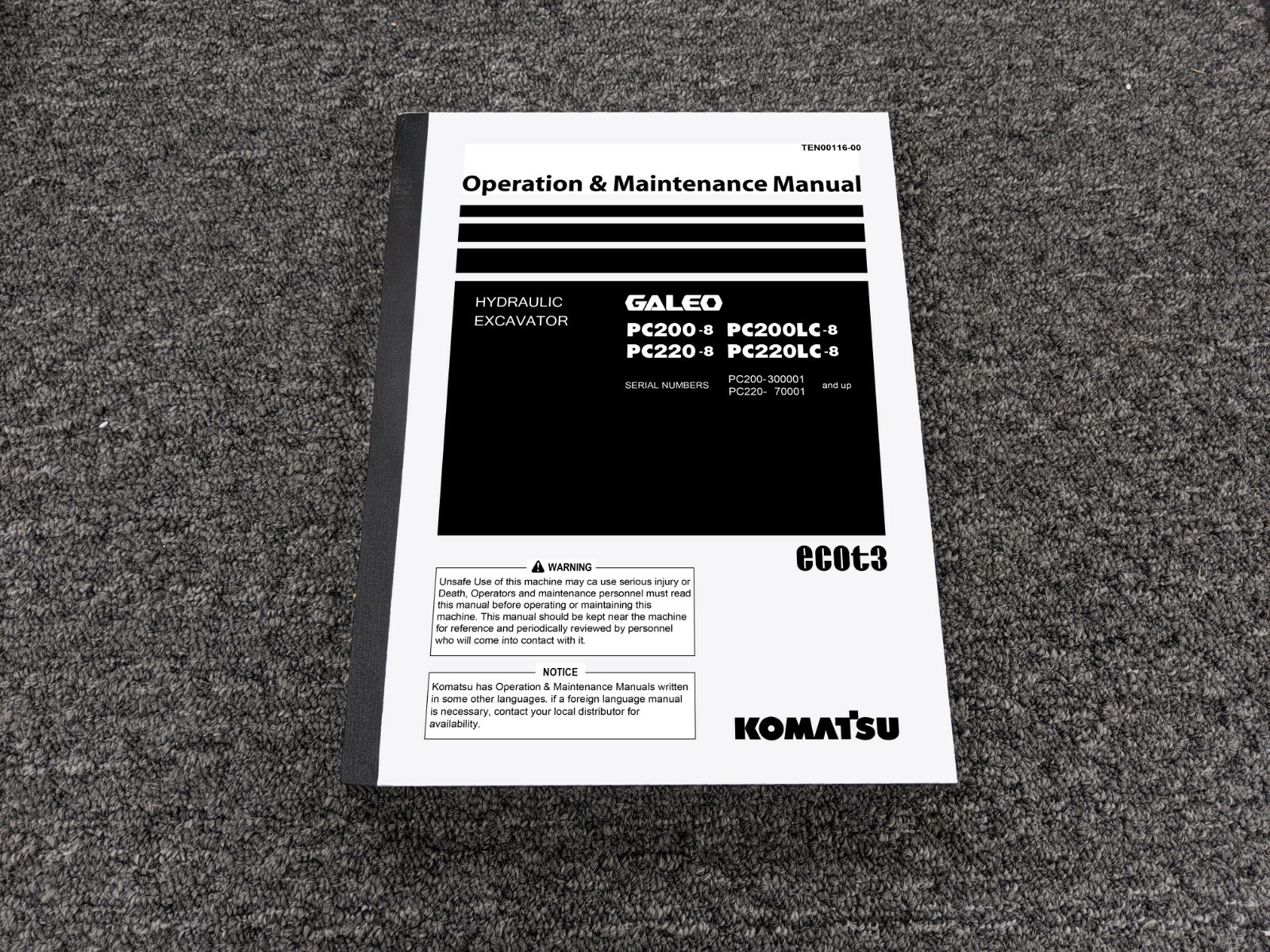 Komatsu ecot3 Galeo PC200-8 Hydraulic Excavator Operator & Maintenance ...