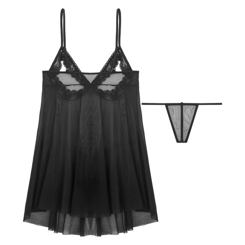 Women Mesh Babydoll Sleepwear Lace Trimming Cupless Mini Dress+Thongs ...