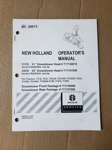 New Holland 51CS 63CS Front & Rear Mount Snowblower Operators Manual | eBay
