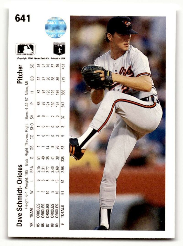 1990 Upper Deck #641 Dave Schmidt Baltimore Orioles Baseball Cards E ID ...