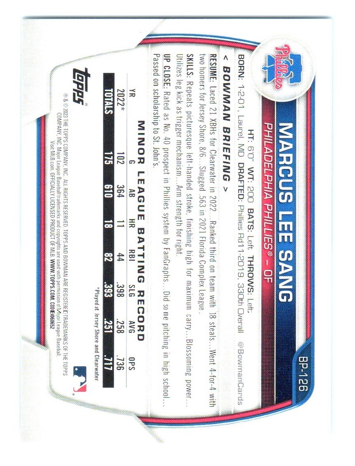 2023 Bowman Prospects Marcus Lee Sang Rookie Philadelphia Phillies #BP ...