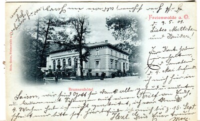 Germany AK Freienwalde Brunnenhotel 1901 cover on blue tone Rich Geier ...