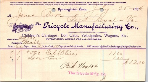 Tricycle Manufacturing Co Springfield OH 1894 Billhead Doll Cabs ...