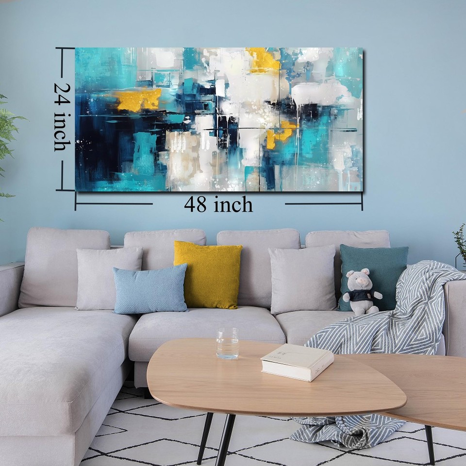 Large Abstract Canvas Wall Art for Living Room Bedroom Teal Grey ...